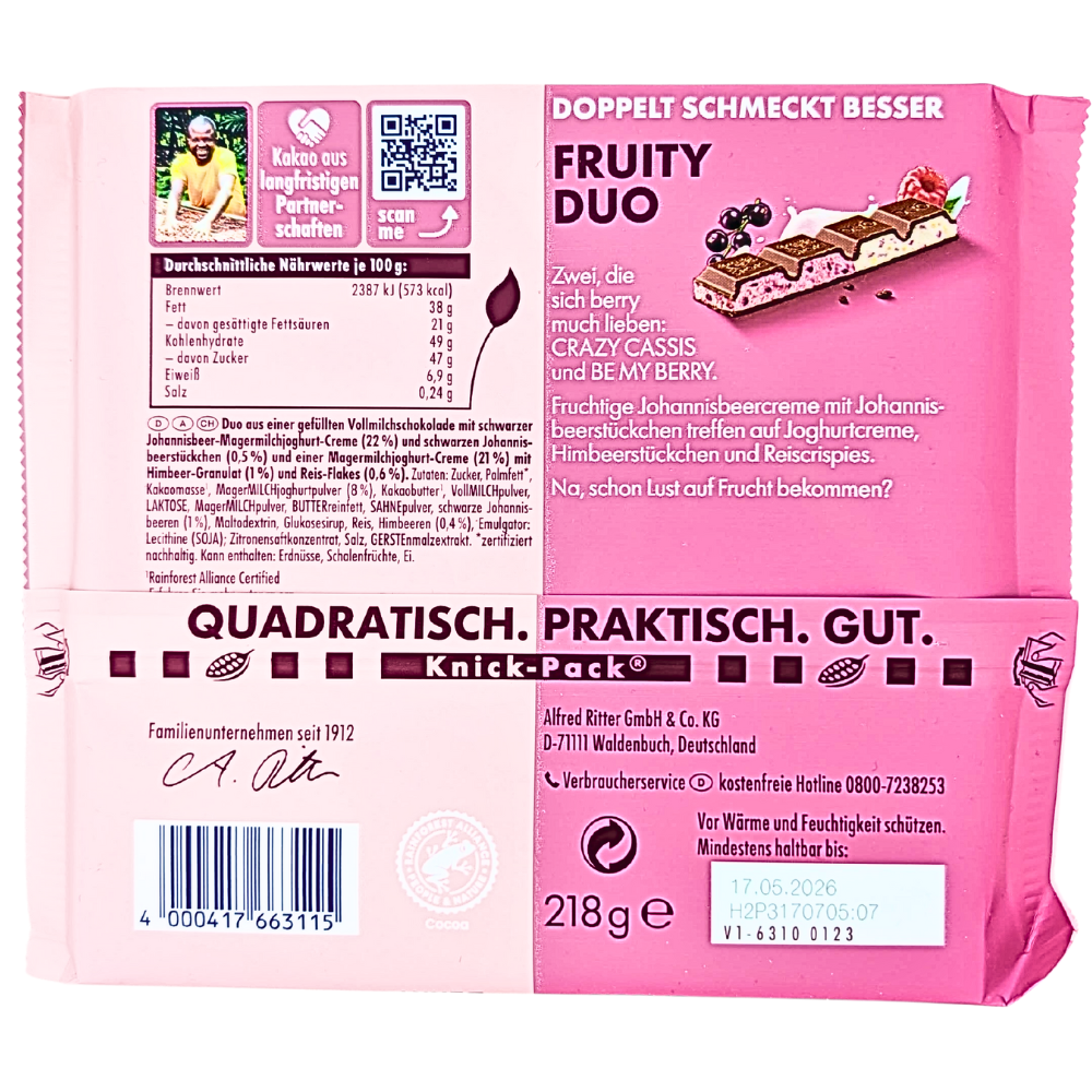 Ritter Sport Fruity Duo King Size 218g - 12 Pack | iWholesale Candy ...